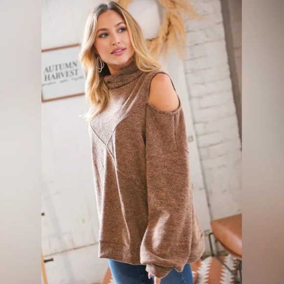 kelzposh | Sweaters | The Simone Sugarfox Brown Textured Cold Shoulder Turtleneck Sweater | Poshmark